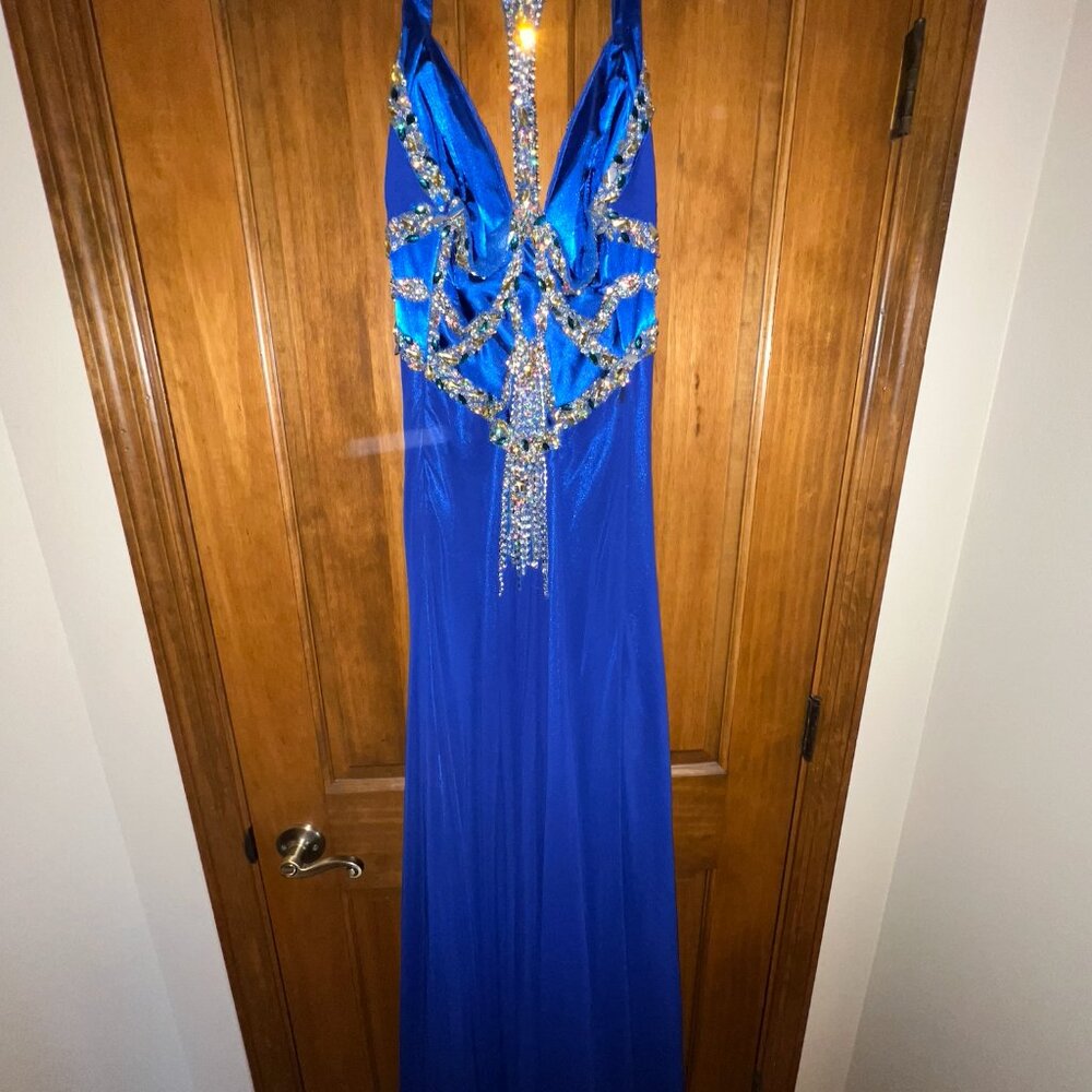 Royal Blue Beaded Halter Prom Gown Pageant Dress - Gem